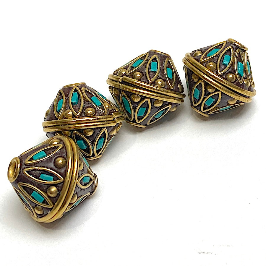 Brass and Blue Beads, Double Cone Shape 5/8" Metal/Stone? PACK OF 4 BE ...